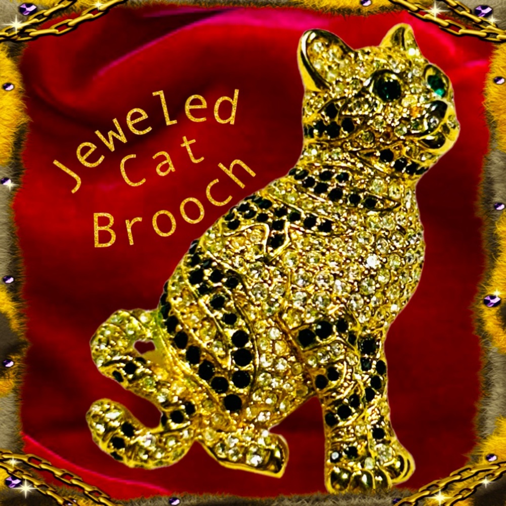 Jeweled Soarkling Gold Tone Cat Kitty Brooch ~ Mint! - Gem